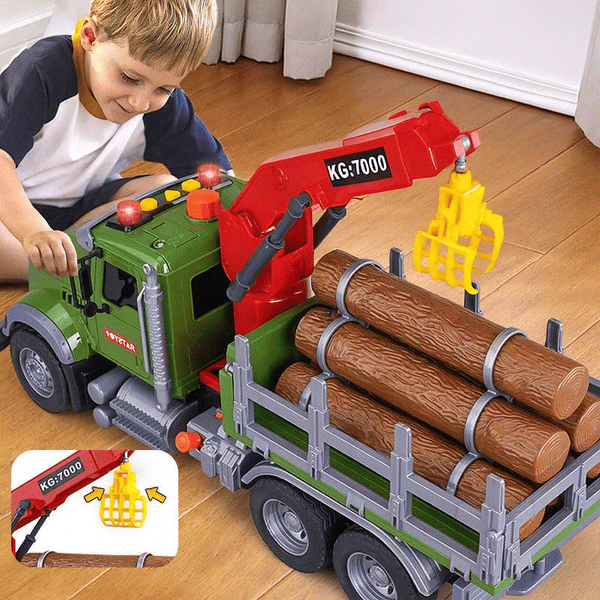 Oversized Timber Transport Toy Truck with Crane - Little Learners Toys